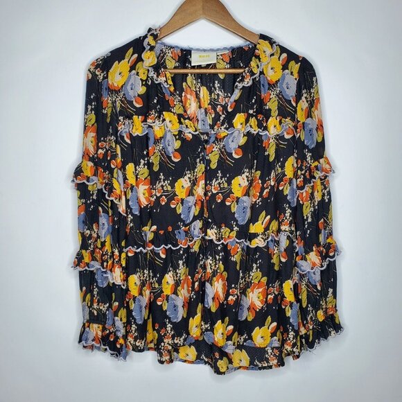 Maeve | Tops | Maeve Womens Black Floral Button Front Ruffled Blouse ...